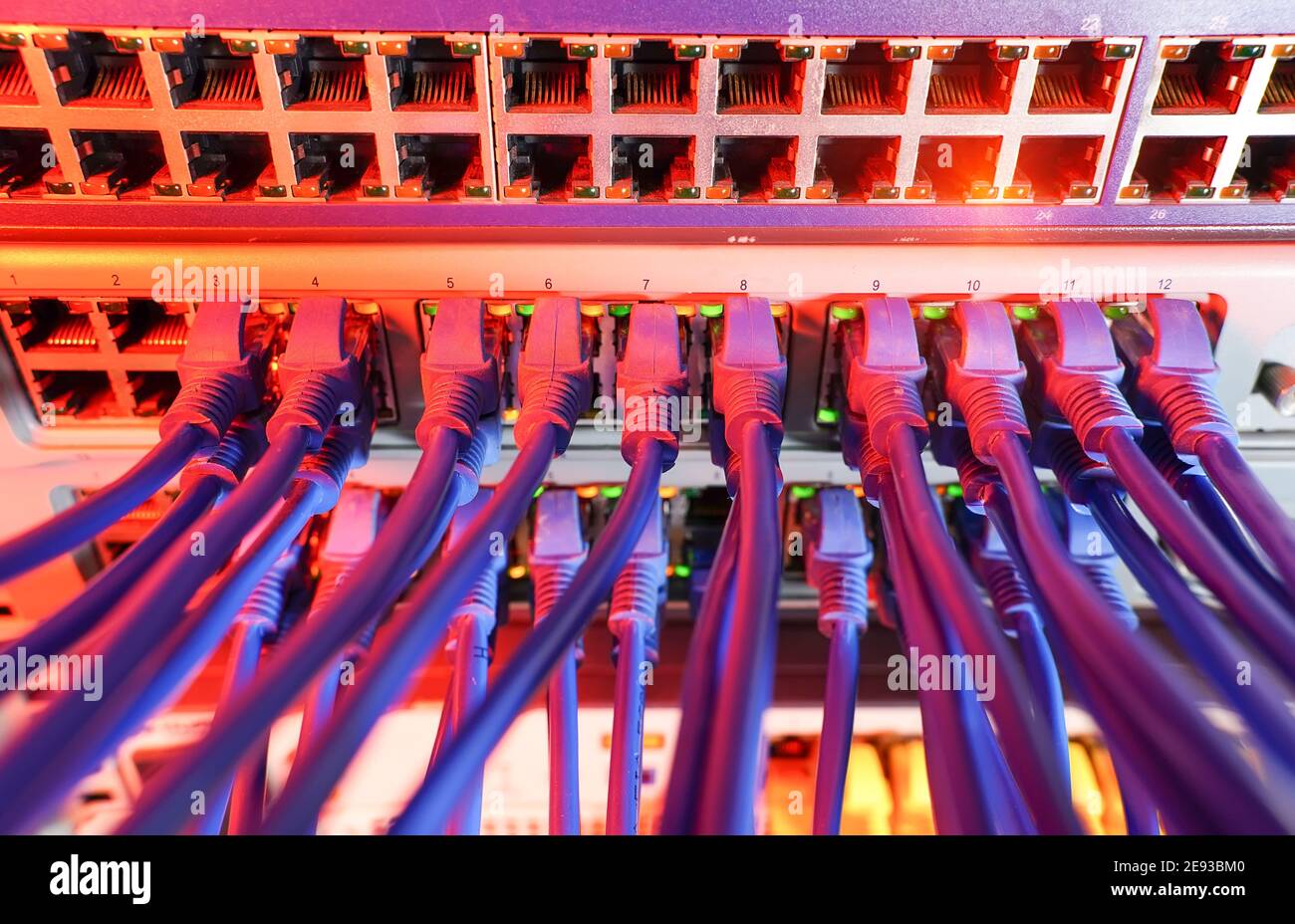 Server rack with blue and red internet patch cord cables connected to black patch panel in data ...