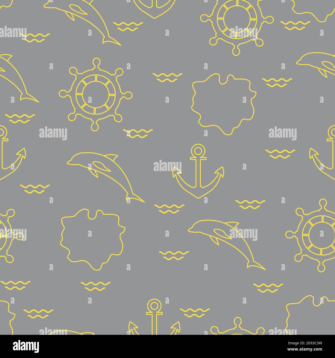 Seamless pattern with dolphins, anchors, steering wheels, waves ...