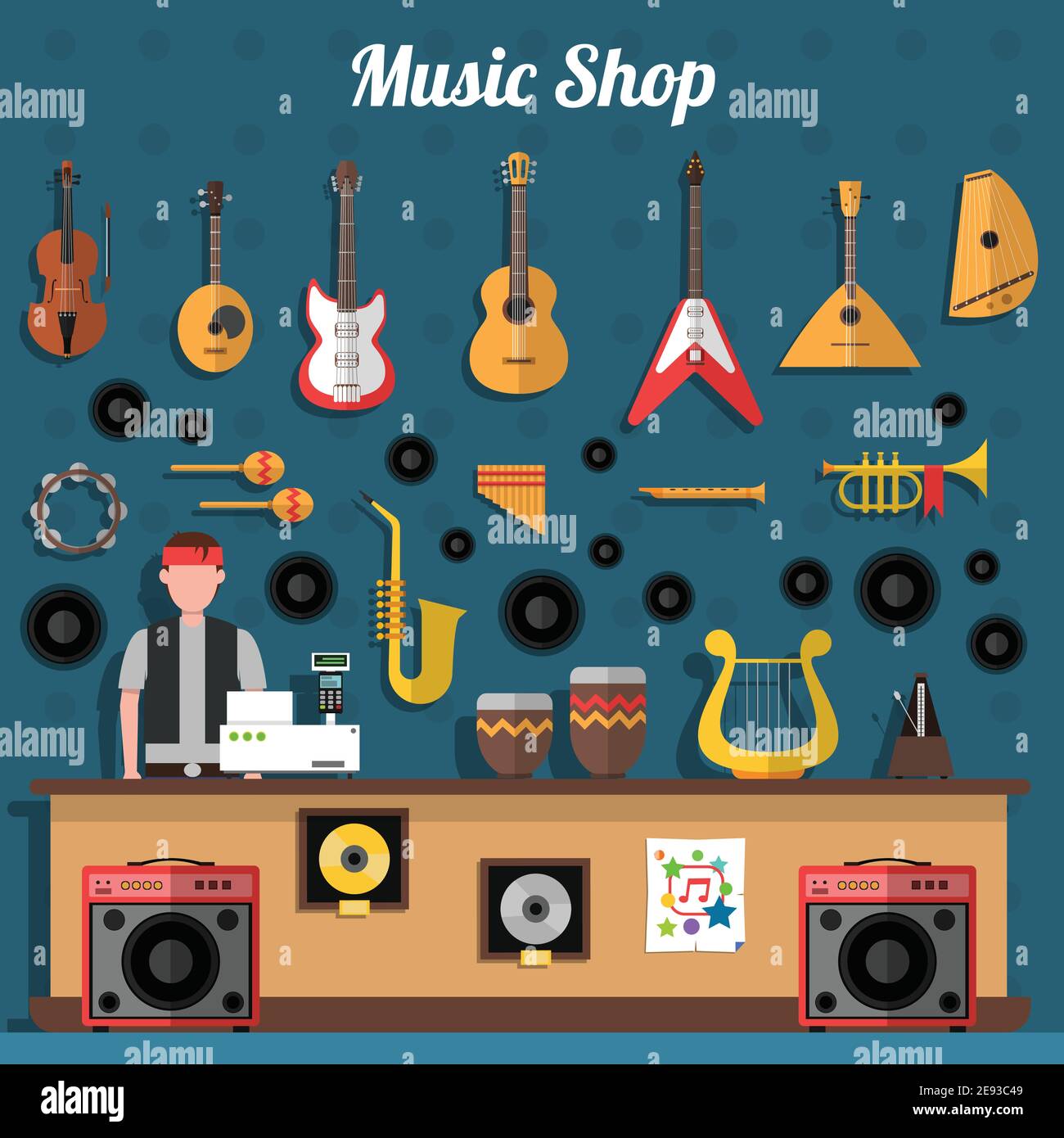 Music shop concept with musical instruments and records flat vector ...