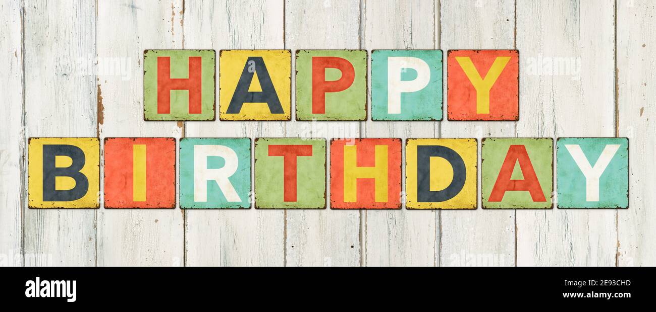 Colorful tin signs - Happy Birthday Stock Photo - Alamy