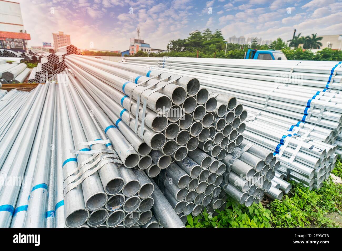 Steel Pipes Industry Construction stacked in Factory warehouse Stock ...