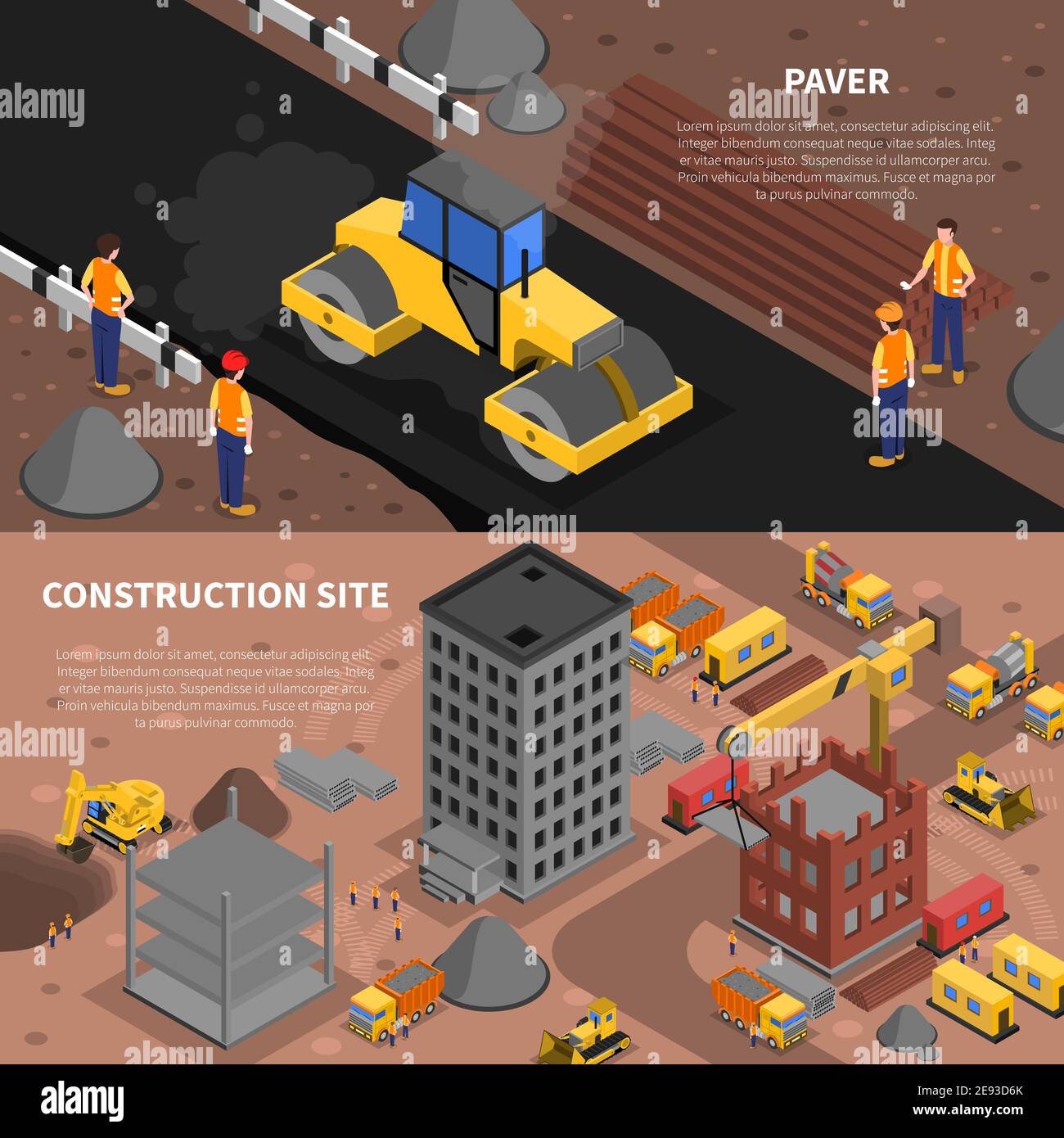 Construction isometric horizontal banners set with construction site ...