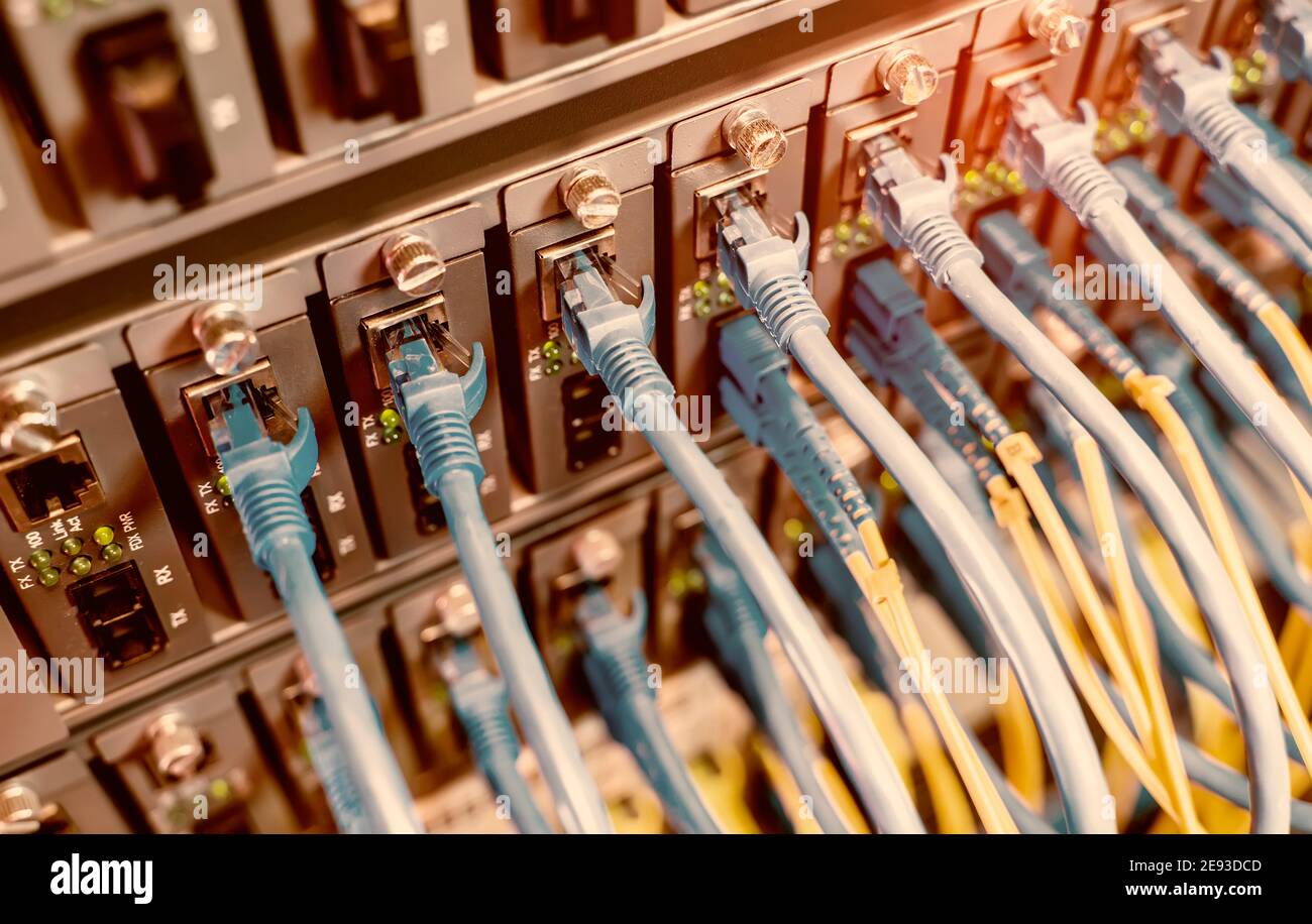 Server rack with blue and red internet patch cord cables connected to black patch panel in data ...