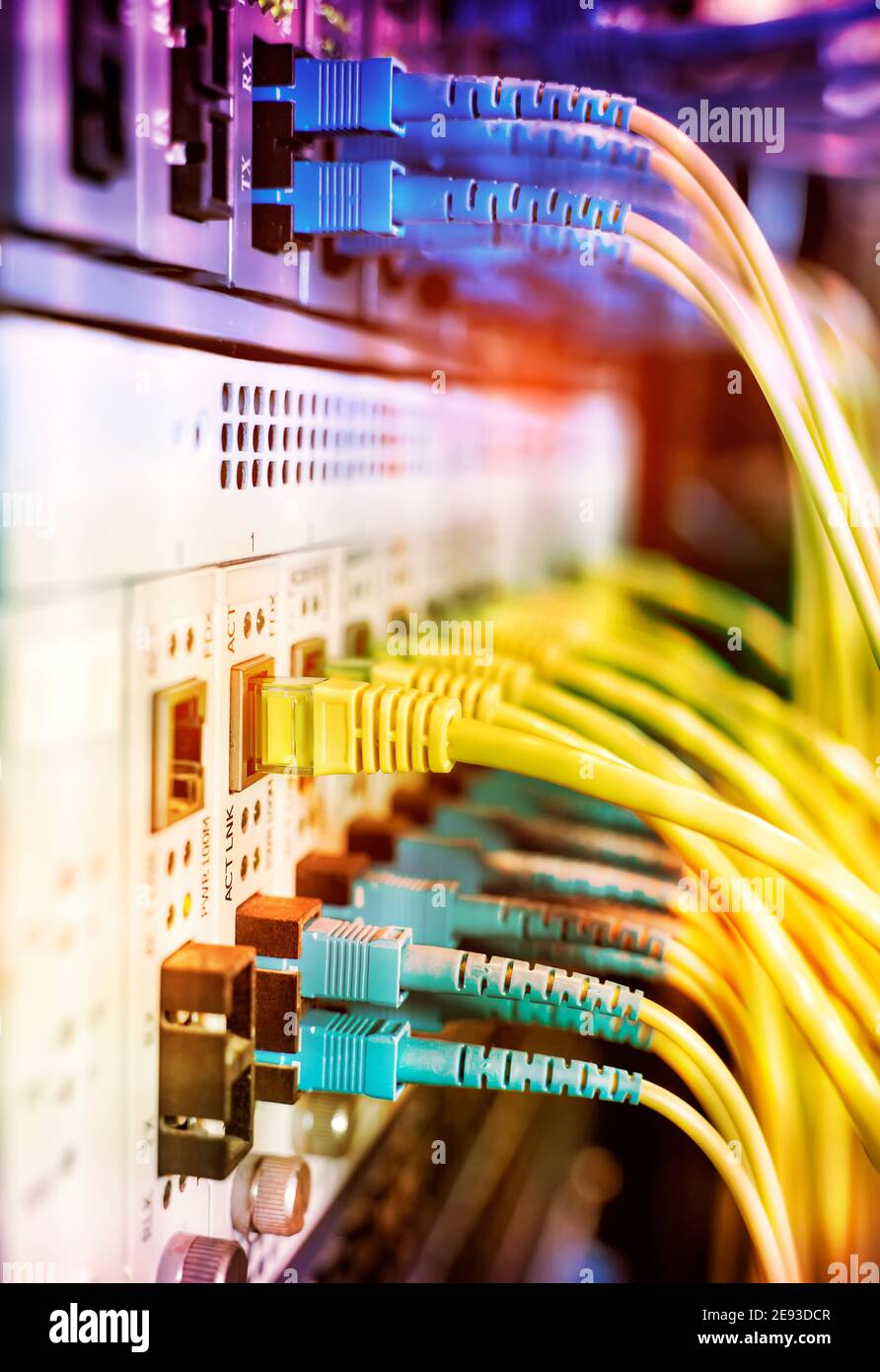 Fiber Optical cables connected to an optic ports and Network cables ...