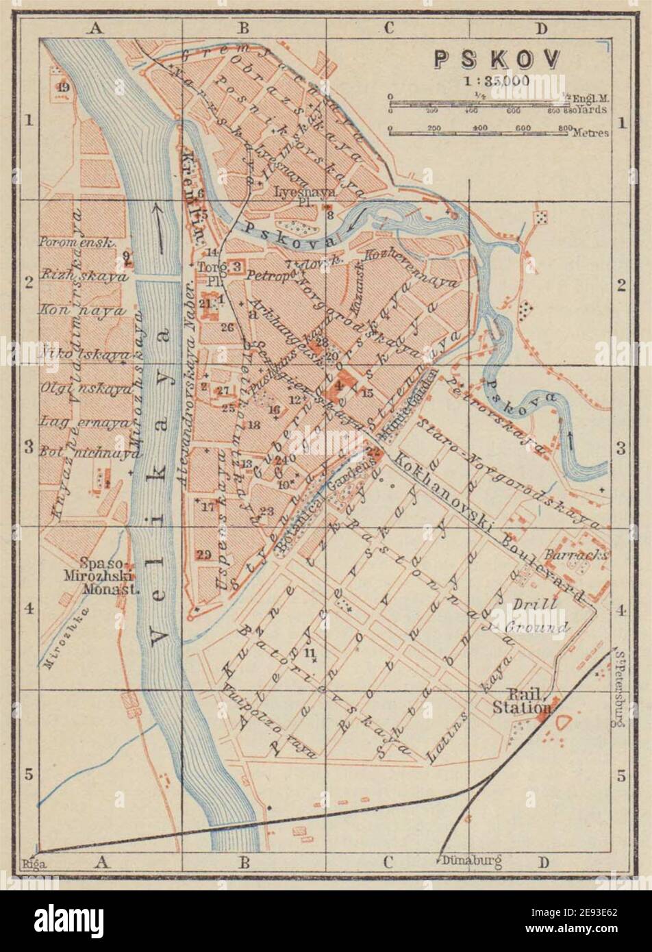 Pskov town/city plan. Russia. Pleskau Pskow. BAEDEKER 1914 old antique ...