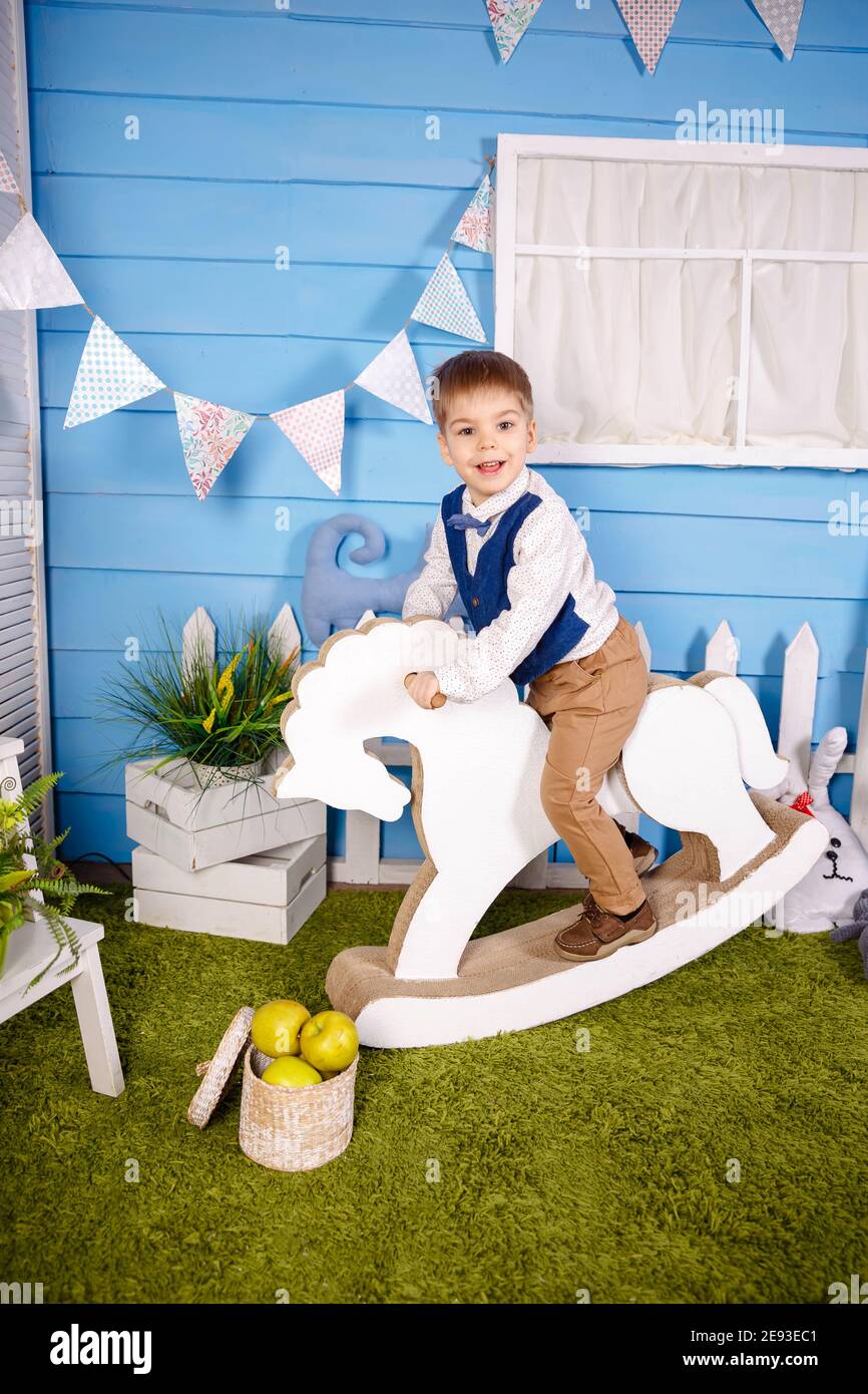 Adorable happy blond little kid boy celebrating his birthday Stock ...