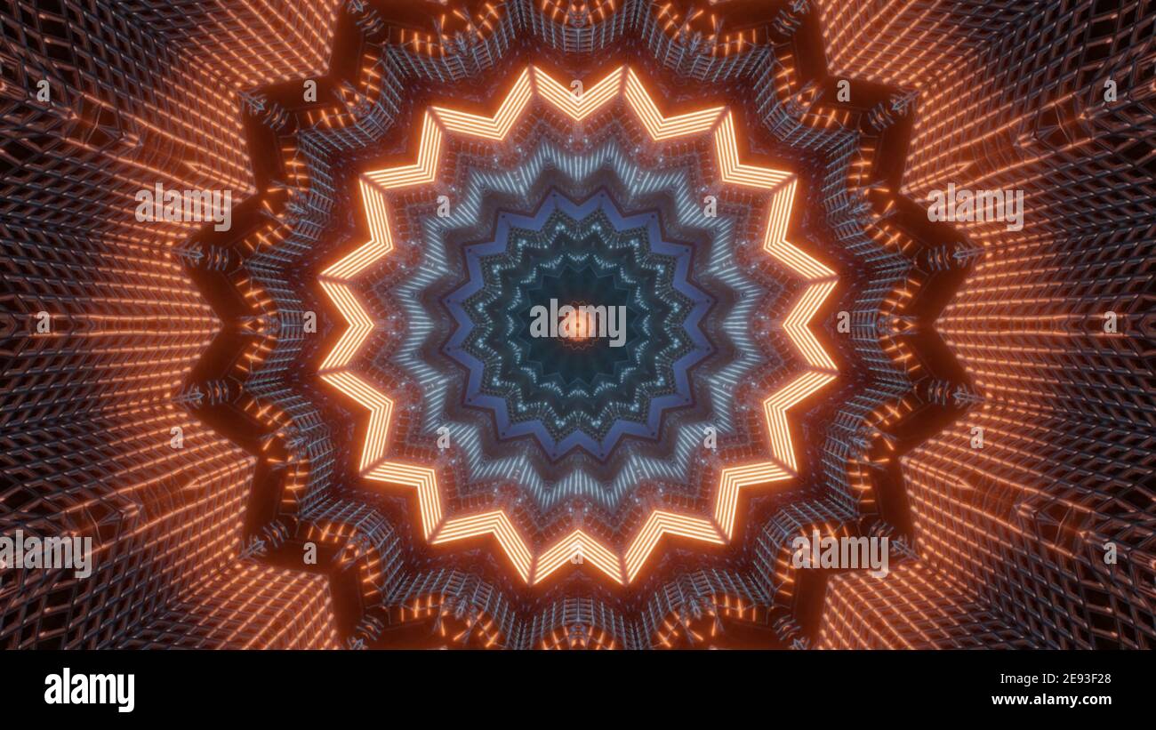 Kaleidoscopic 3D illustration of creative star shaped tunnel glowing ...