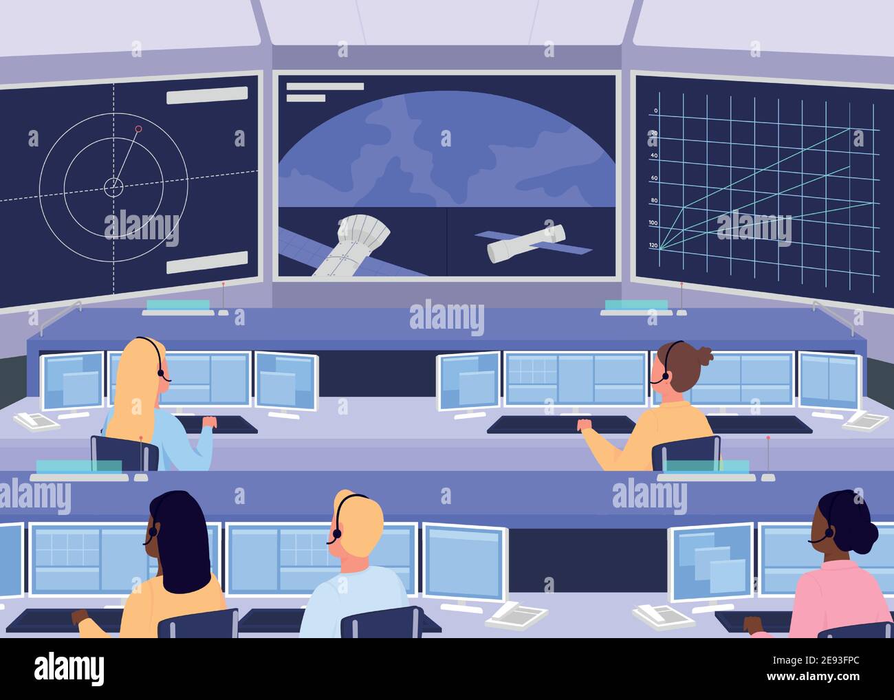 Mission control center flat color vector illustration Stock Vector ...