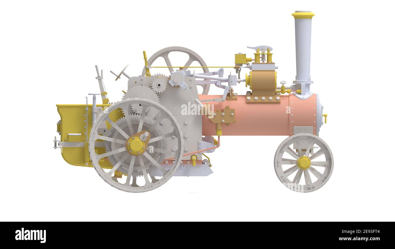 Steam engine tractor 3D rendering of a vintage historic mechanical car ...