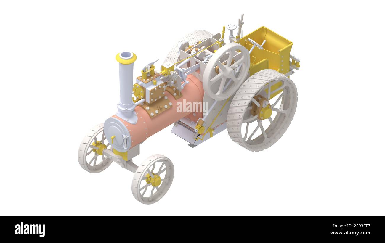 Steam engine tractor 3D rendering of a vintage historic mechanical car ...