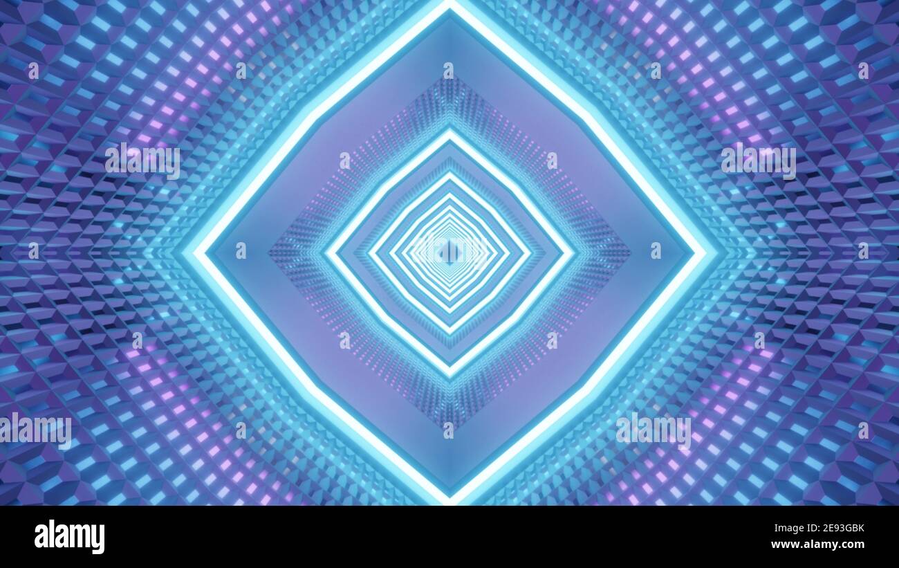 Symmetric 3D illustration of blue abstract rhombus ornament glowing ...