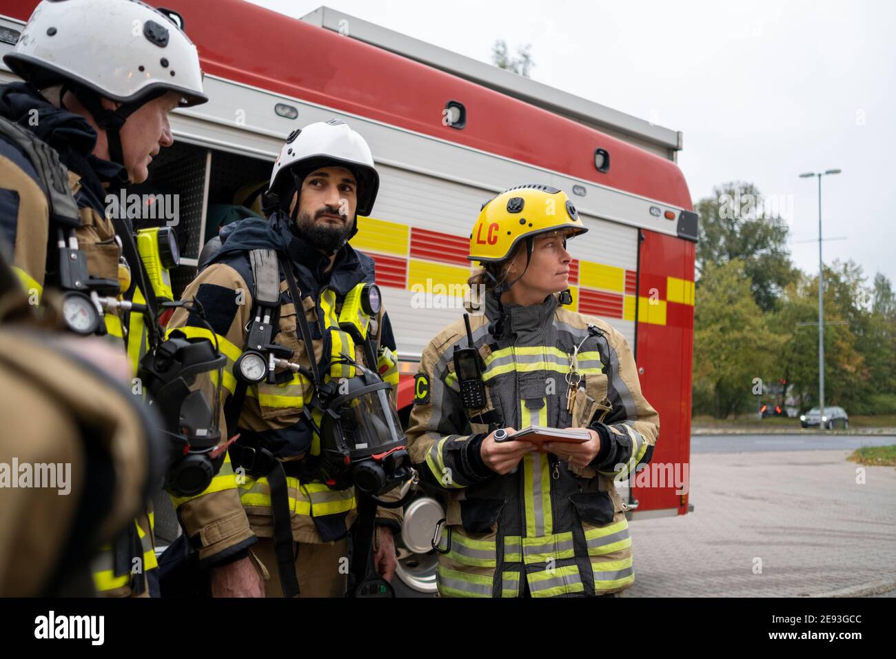 Firefighters in front of fire engine Stock Photo - Alamy