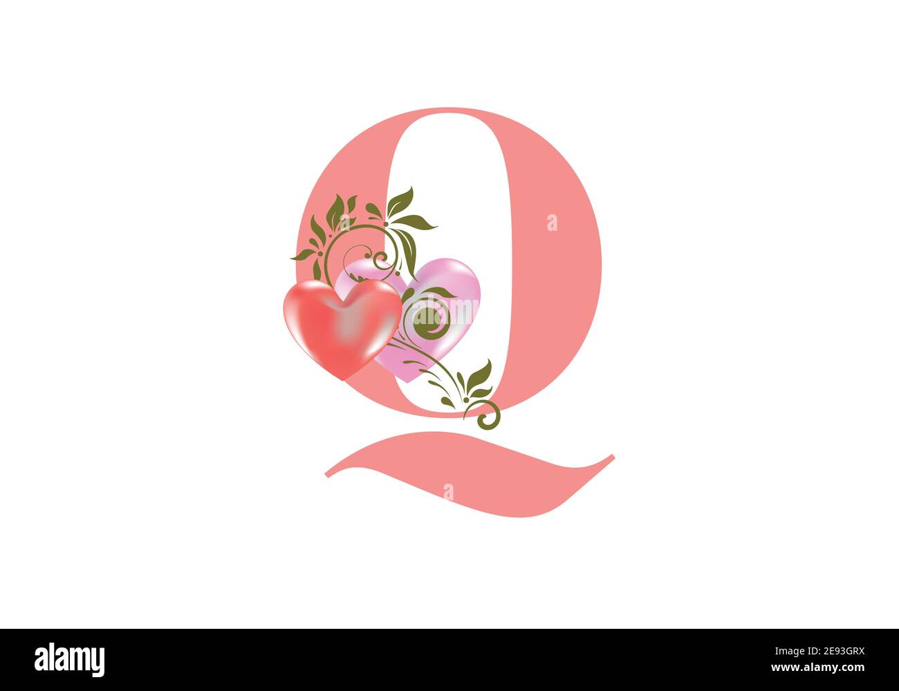 Floral alphabet, letter Q with two hearts. Monogram initials for ...