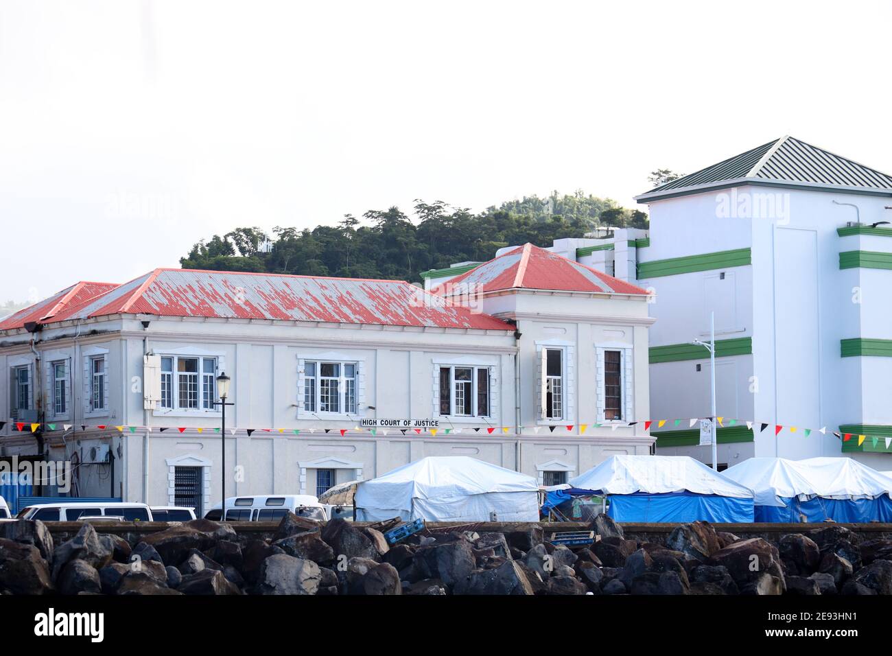 Dominica shoreline showing Court of Justice buildings and market place ...