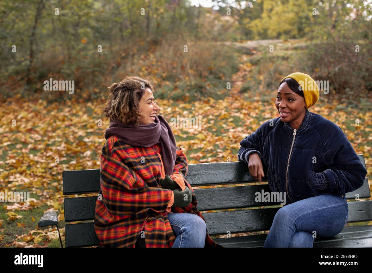 Female friends talking on bench Stock Photo - Alamy