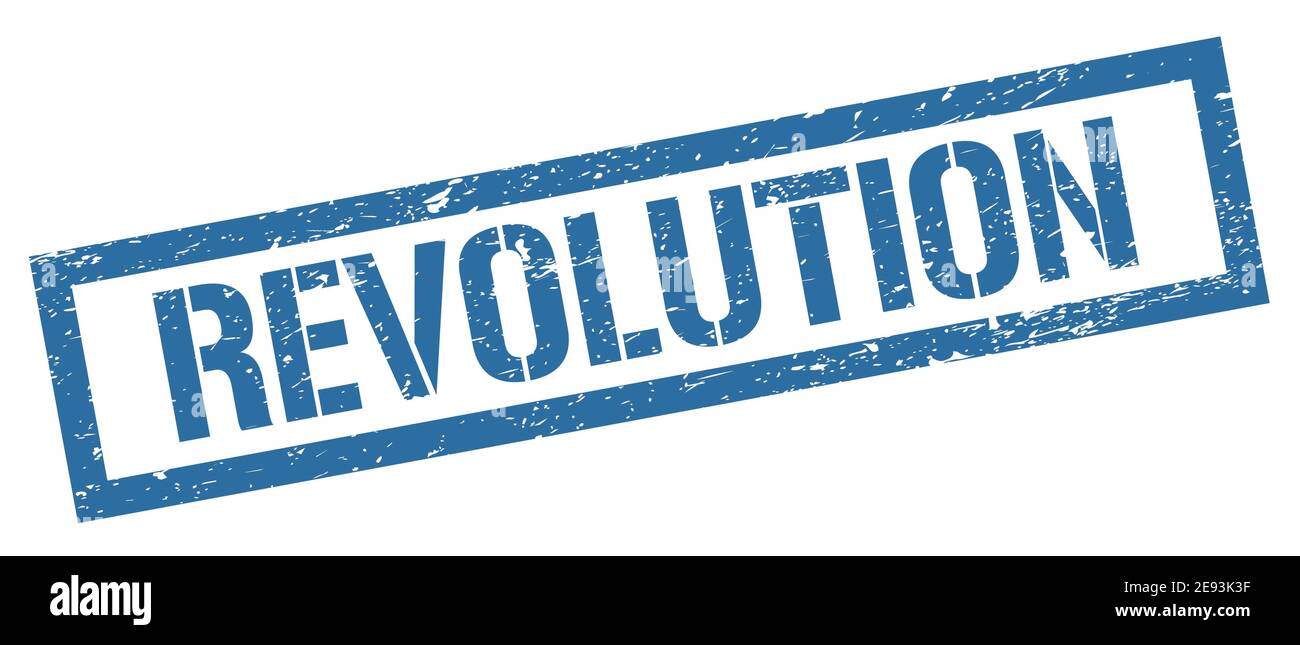 REVOLUTION blue grungy rectangle stamp sign Stock Photo - Alamy
