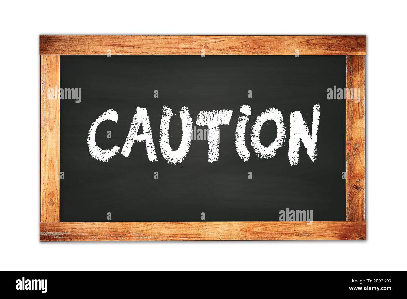 CAUTION text written on black wooden frame school blackboard Stock ...
