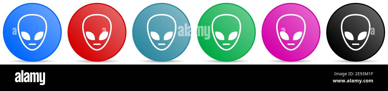 Alien face vector icons, set of circle gradient buttons in 6 colors ...