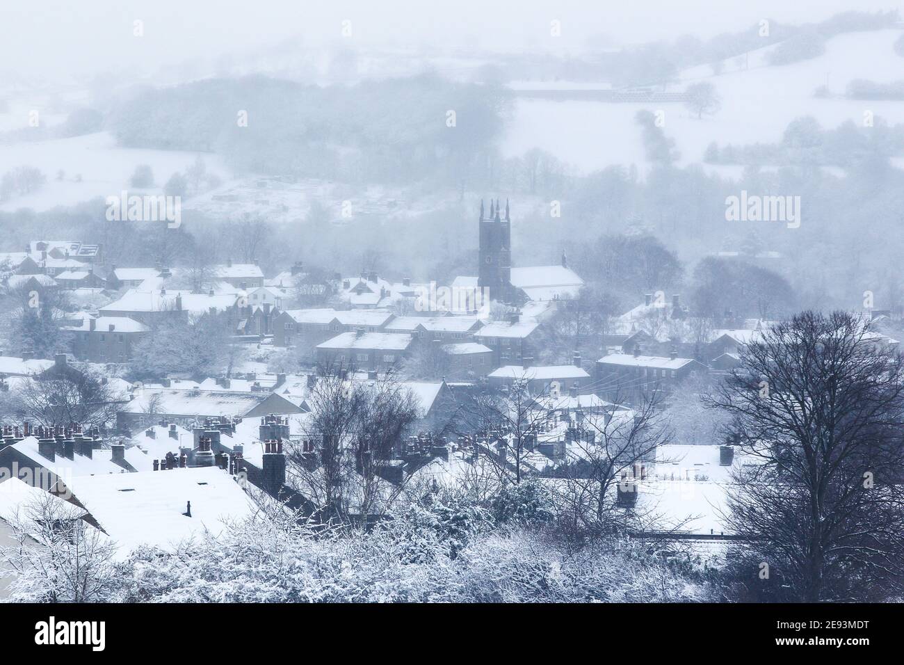 House rooftops covered in snow in the West Yorkshire village of Honley ...