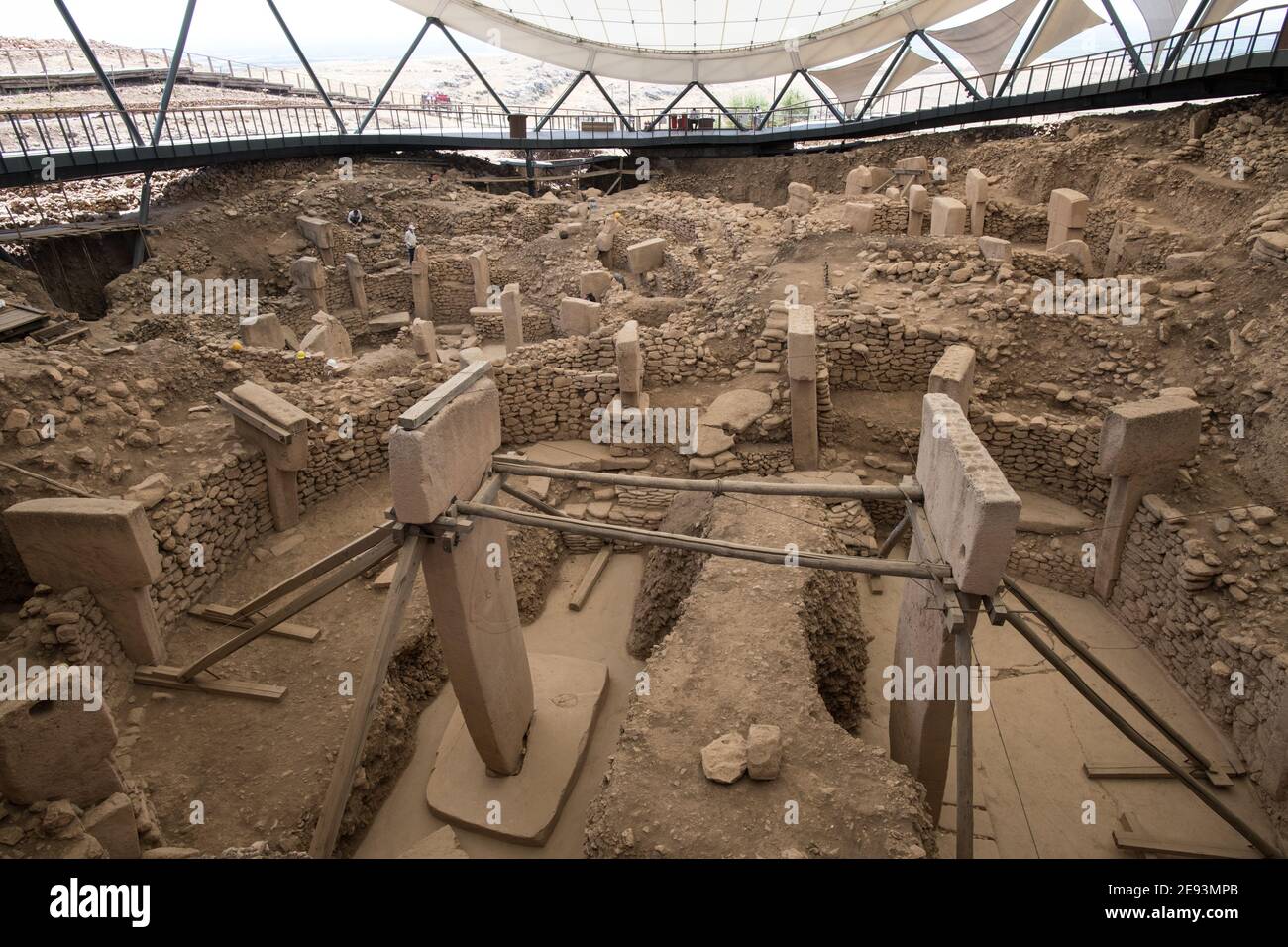 Aerial view of the excavated ruins at Göbekli Tepe, a Neolithic ...