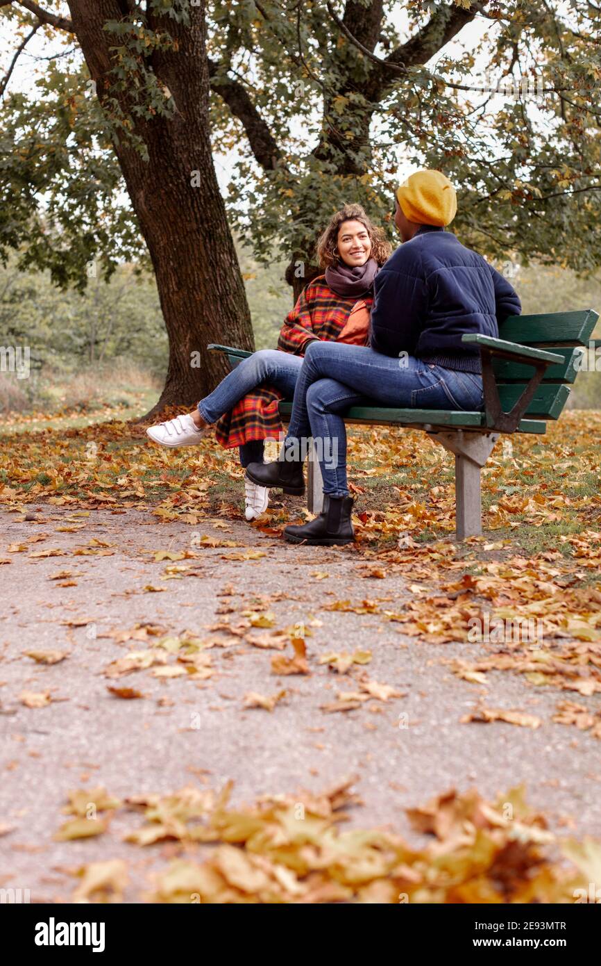 Female friends talking on bench in park Stock Photo - Alamy