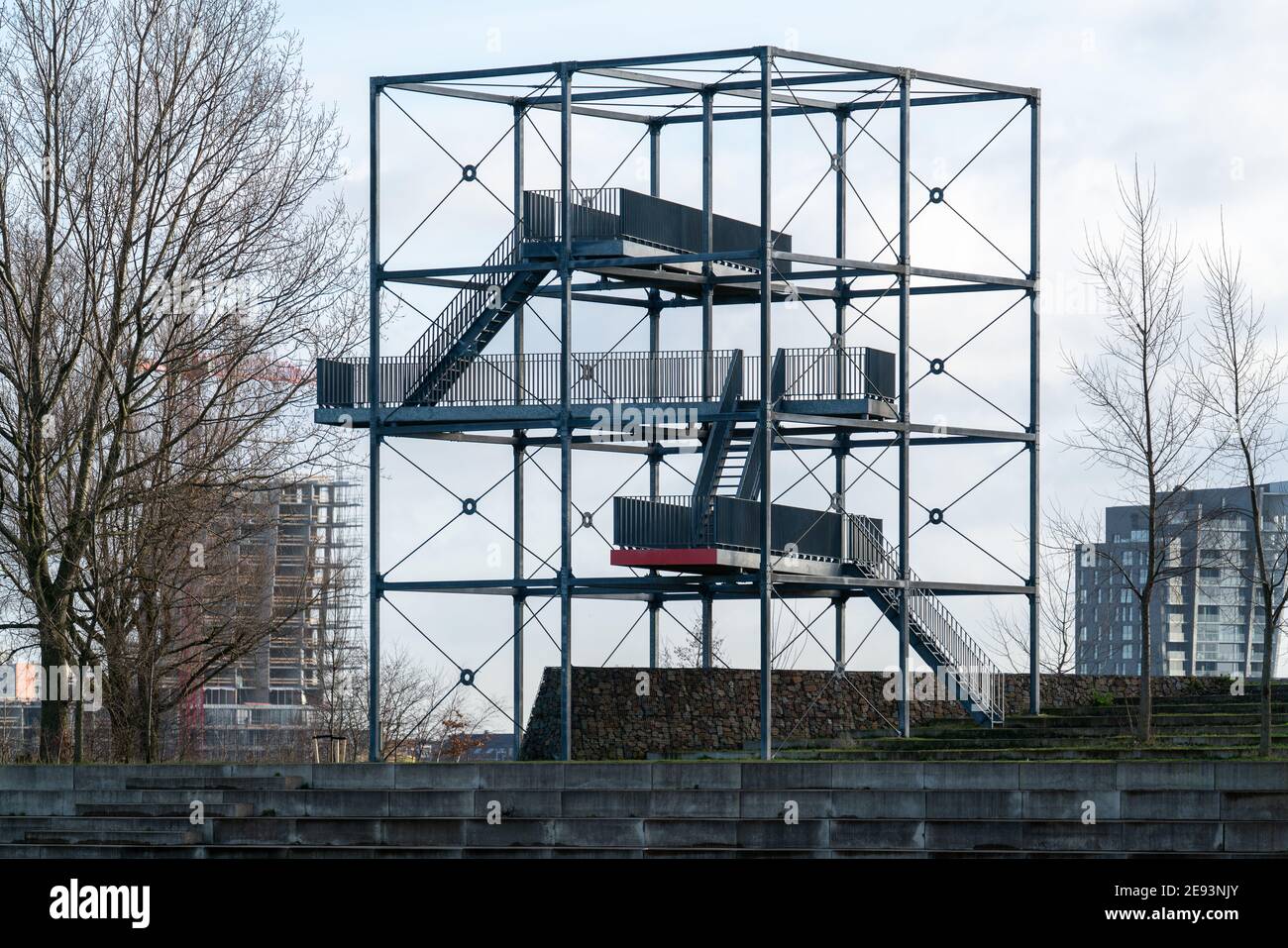 Steel staircase of a watchtower at the port of Rotterdam Stock Photo ...
