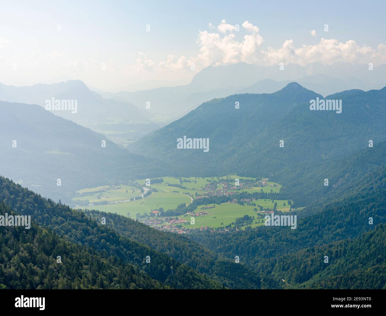 View over the mountains of the Chiemgau Alps towards the valley of ...