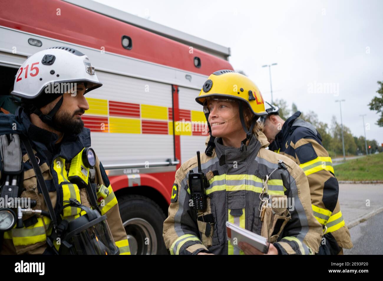 Firefighters in front of fire engine Stock Photo - Alamy