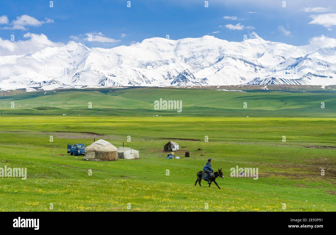 Traditional yurt in the Alaj valley with the Transalai mountains with ...