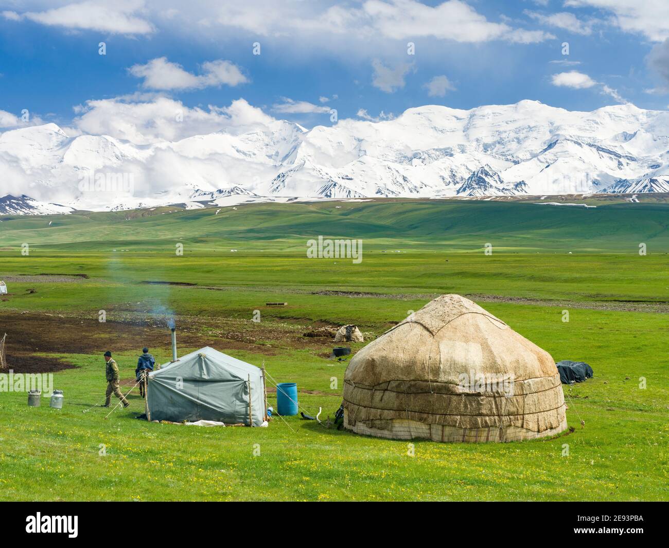 Traditional yurt in the Alaj valley with the Transalai mountains with ...
