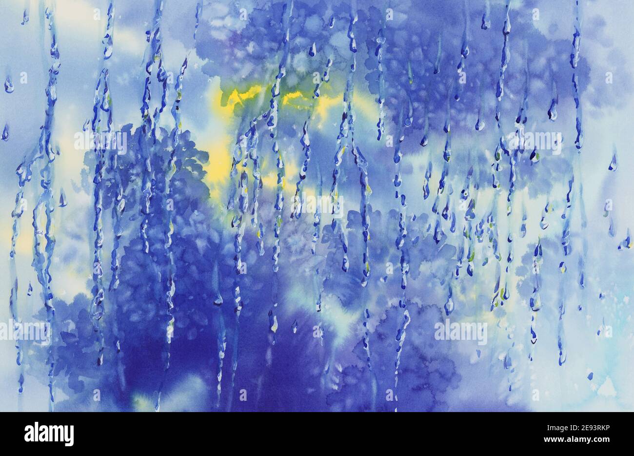 Blue rainy window background with drops and blur watercolor Stock Photo ...