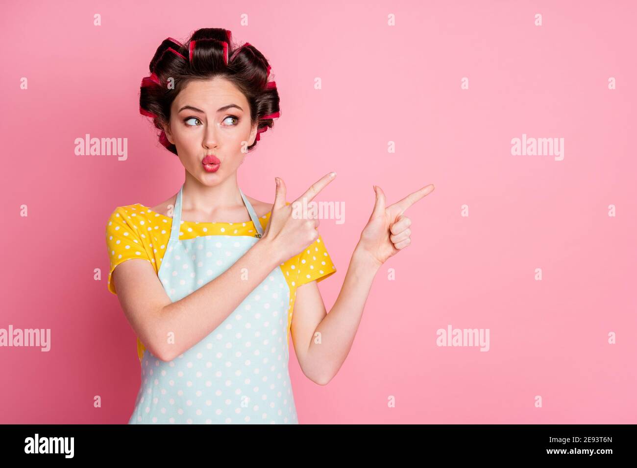 Photo of astonished girl point index finger copyspace wear yellow ...