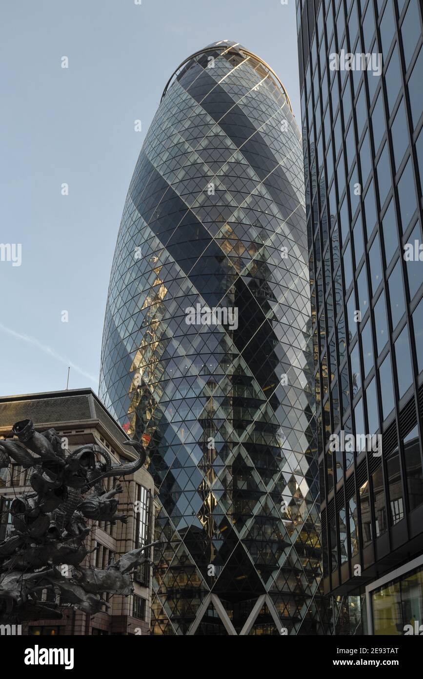 LONDON, UNITED KINGDOM - Dec 26, 2019: Distinctive shape of the Gherkin ...