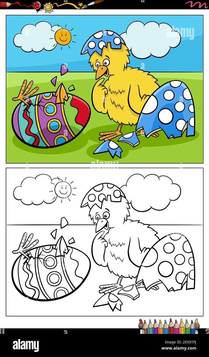 Cartoon illustration of Easter chick hatching from colored egg coloring ...