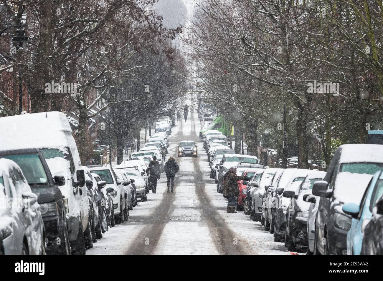 Snow covers parked cars and roads around Crouch End area as the capital ...