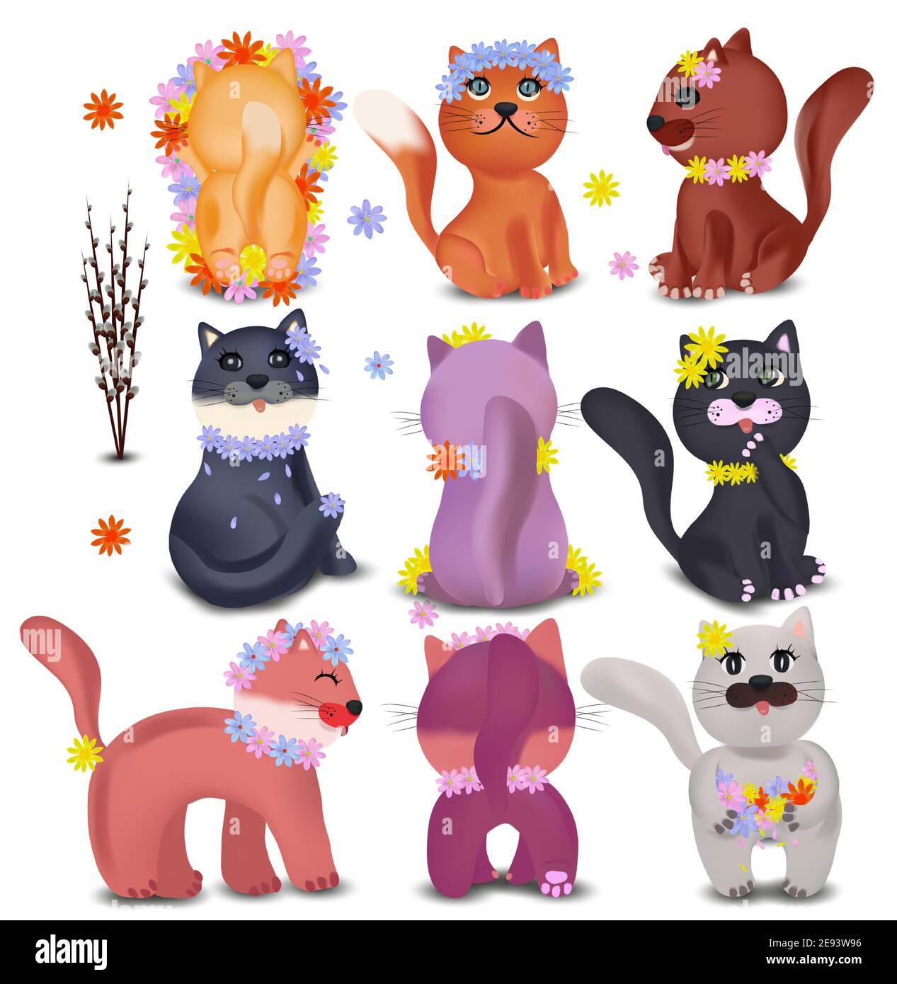 Cute cats in different poses with colorful flowers. Domestic, funny ...