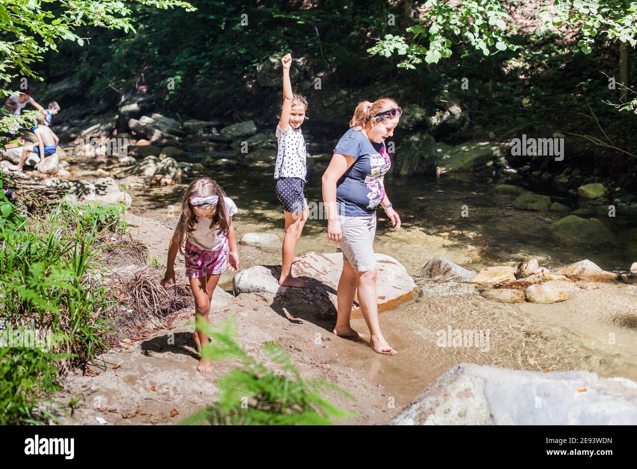 Happy Family Summer Nature Adventure Walking By The Creek, Hiking ...