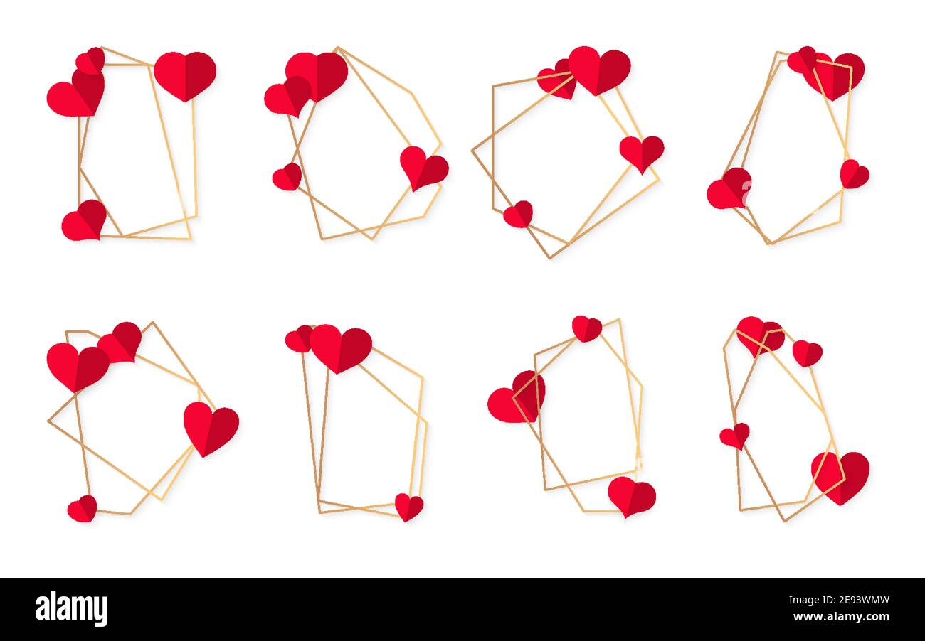 Set of abstract polygonal geometric gold frame with red heart. Template ...