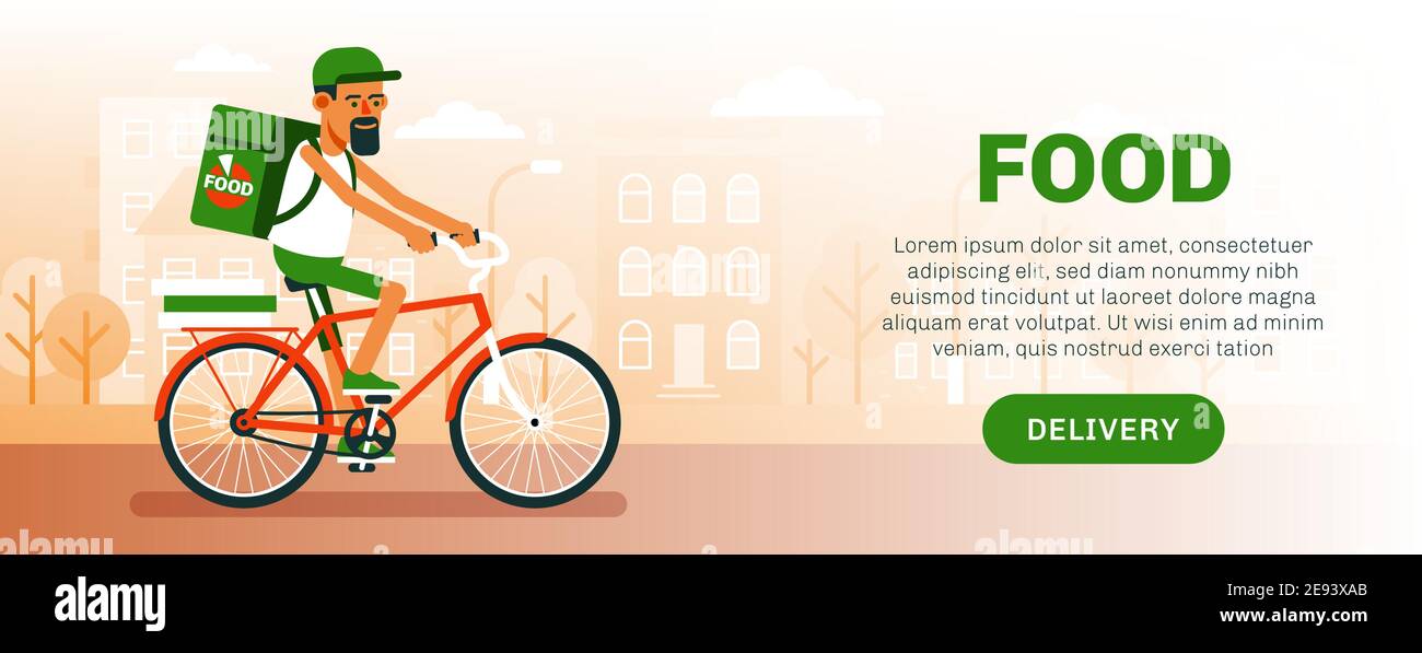Food delivery man on bike - flyer template.Delivery cyclist Stock ...