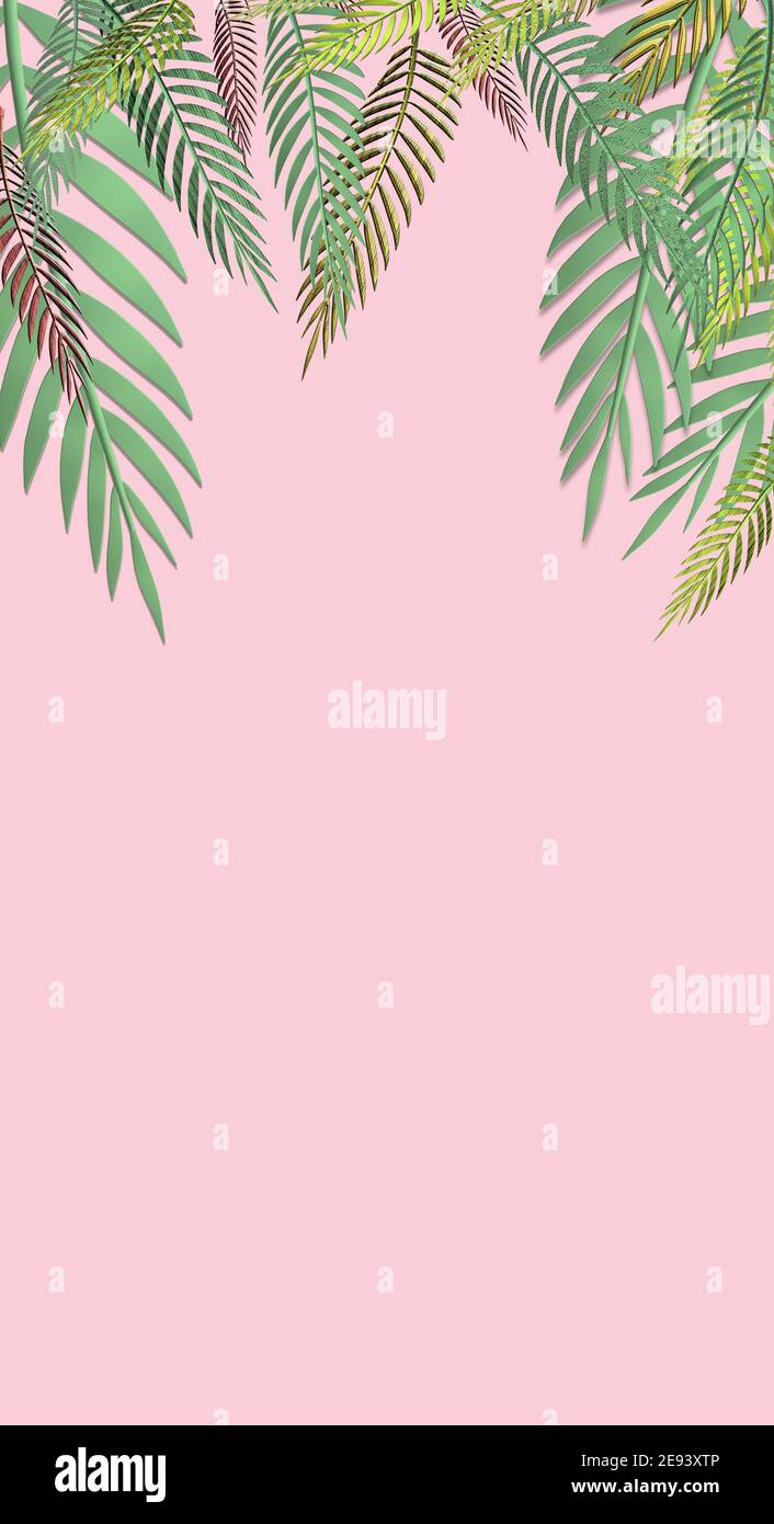 Tropical green leaves pattern on pink background. Exotic wallpaper. 3D ...