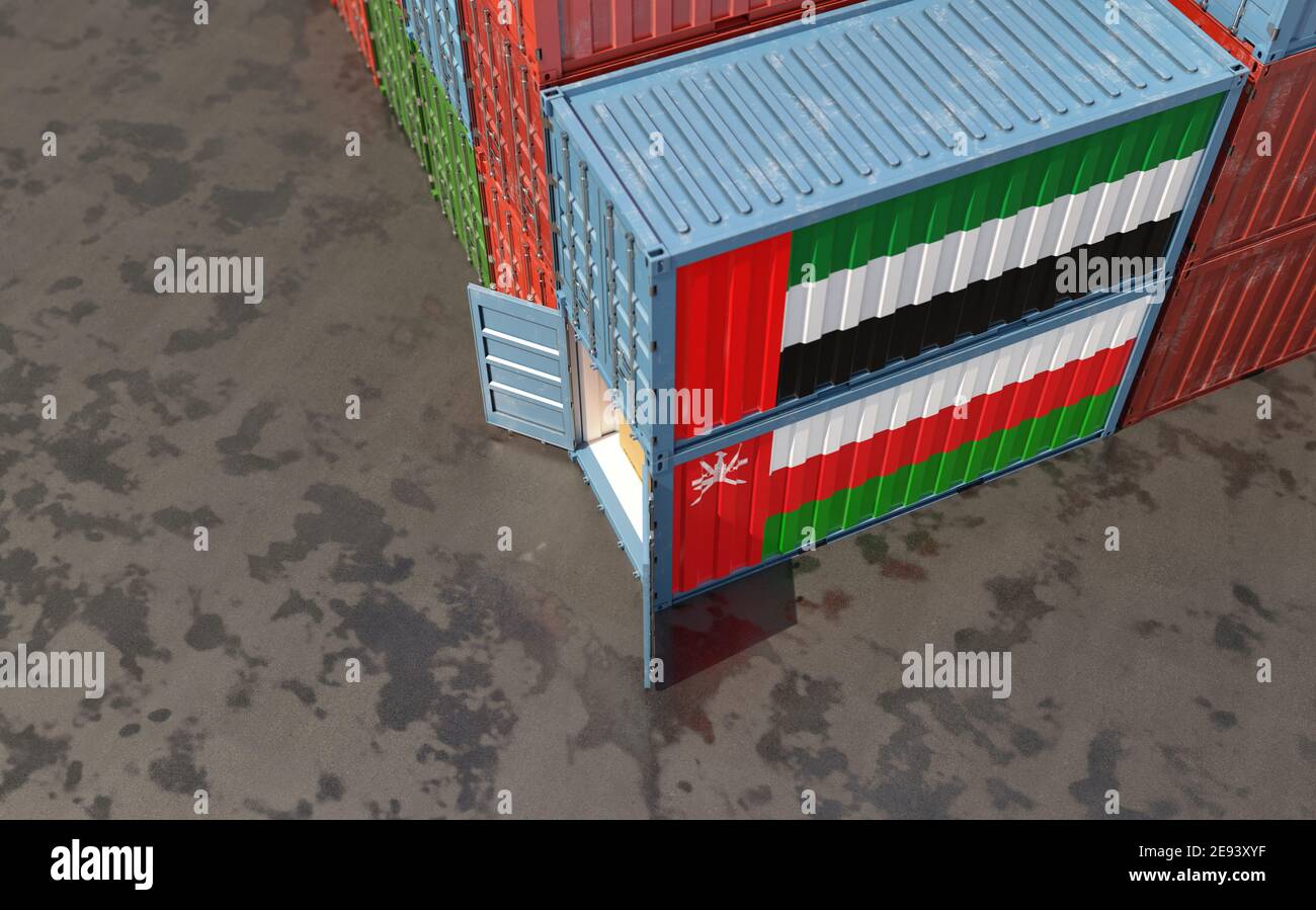 Freight containers with United Arab Emirates and Oman flag. 3D ...