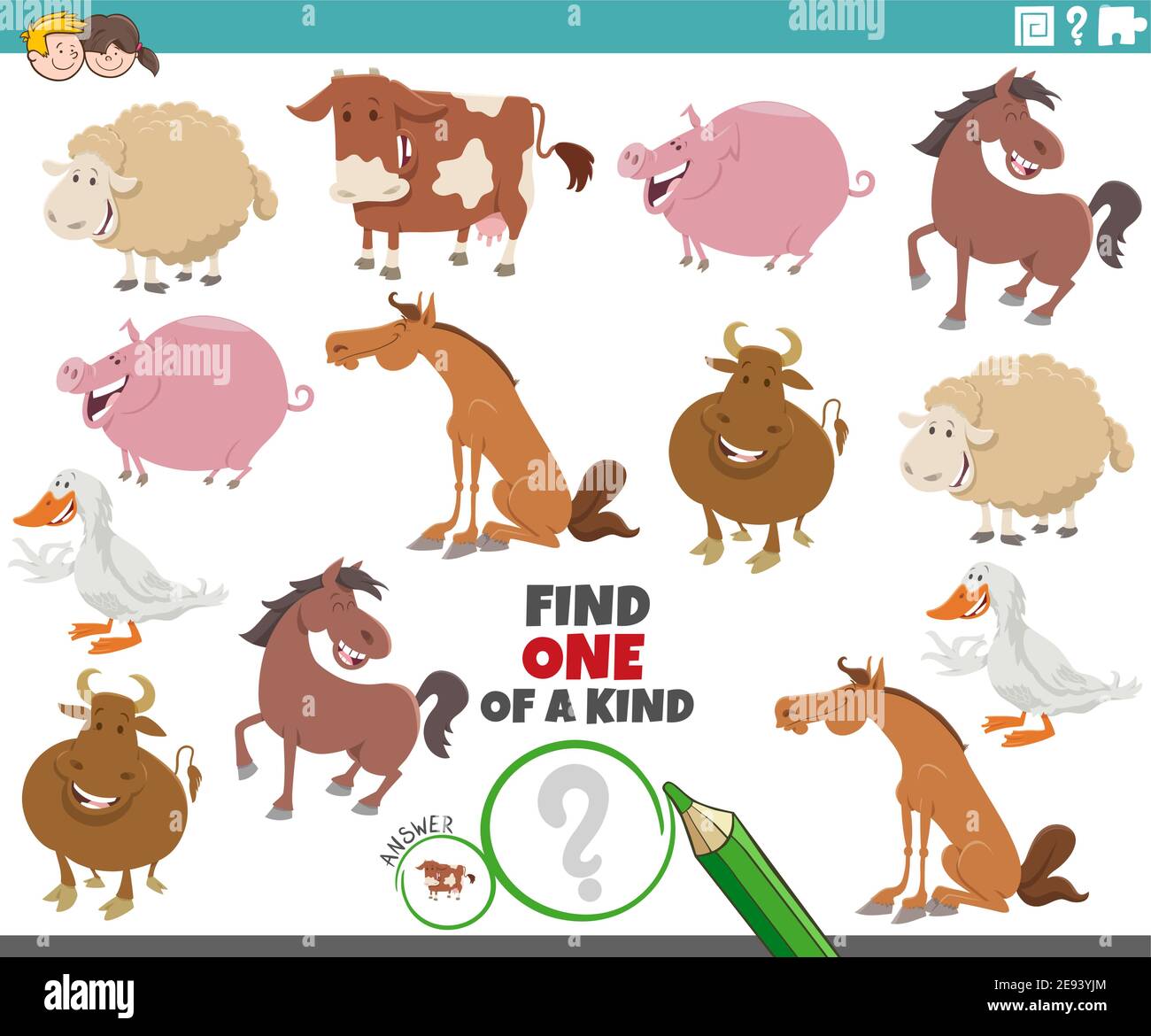 Cartoon illustration of find one of a kind picture educational game ...