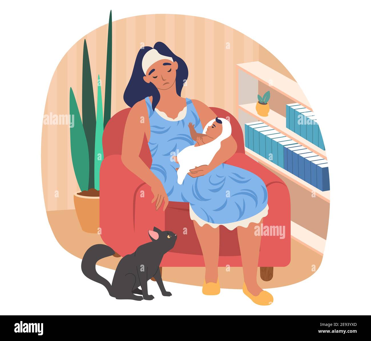 Sleepy mom holding her baby while sitting in armchair, flat vector ...
