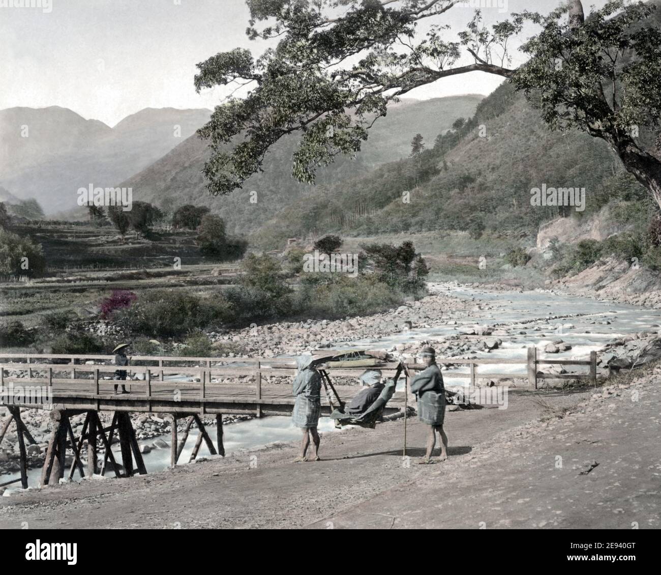 Late 19th century photograph - Kago, Arashiyama Bridge, Kyoto, Japan ...