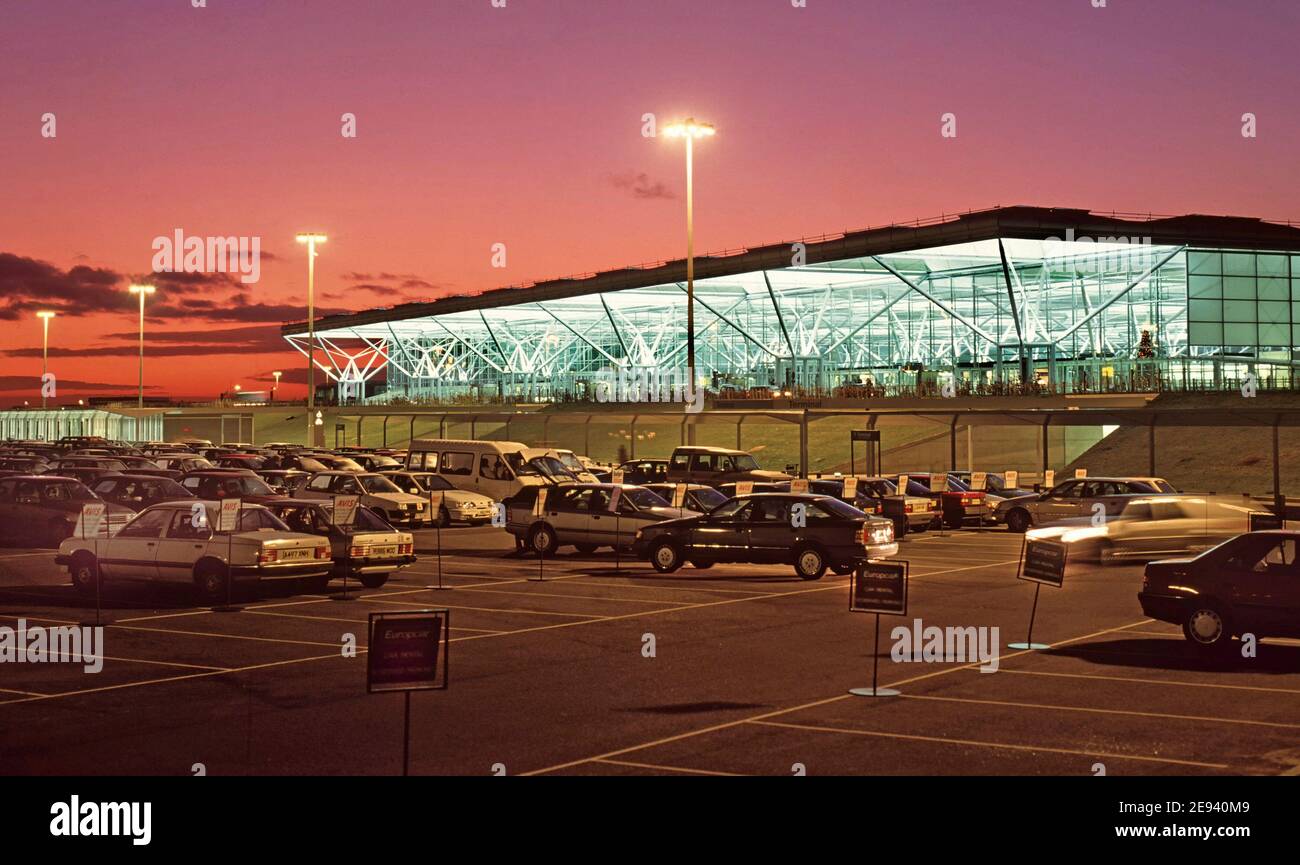Stansted new 90s London Airport lights on inside at the time a modern ...