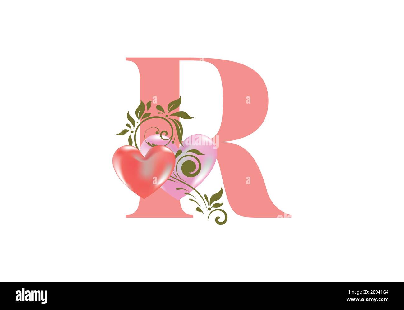 Floral alphabet, letter R with two hearts. Monogram initials for ...