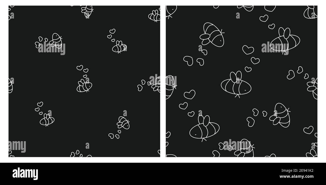 Set of two seamless cute repeat patterns. Gray and white isolated bees ...