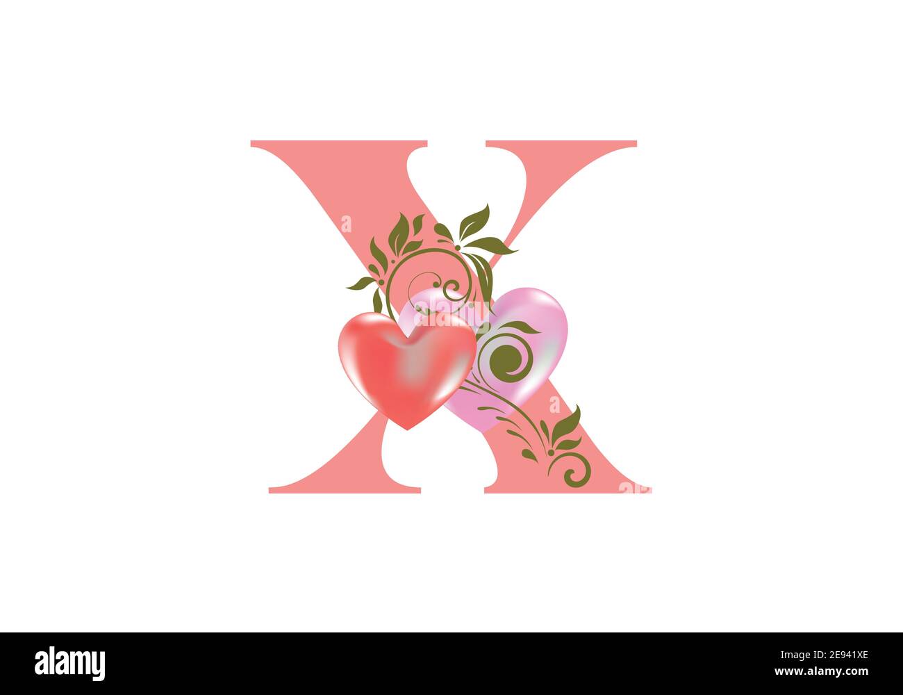 Floral alphabet, letter X with two hearts. Monogram initials for ...