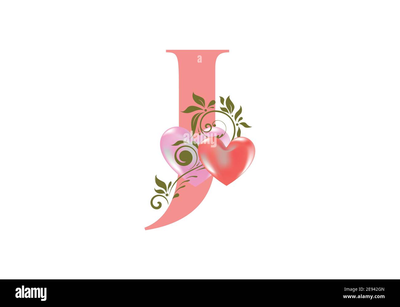 Floral alphabet, letter J with two hearts. Monogram initials for ...