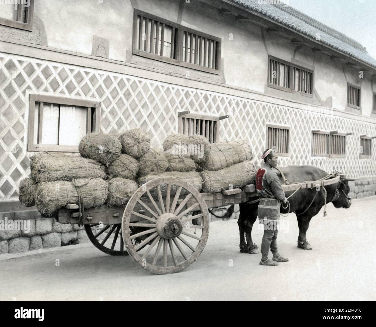 Late 19th century photograph - Ox cart with Rice Bales, Japan Stock ...